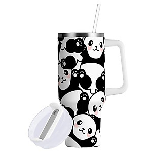 MCHIVER Cute Panda 30 oz Tumbler with Handle and Straw Stainless Steel Vacuum Water Bottle Leak-proof Travel Coffee Mug Insulated Tumbler for Home Office Car