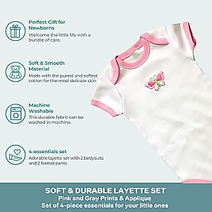 Spasilk Newborn Baby Layette Set, Short Sleeve Bodysuits and Pull-On Footed Pants, 4 Piece, 0-3 Months - Pink & Grey Layette Set