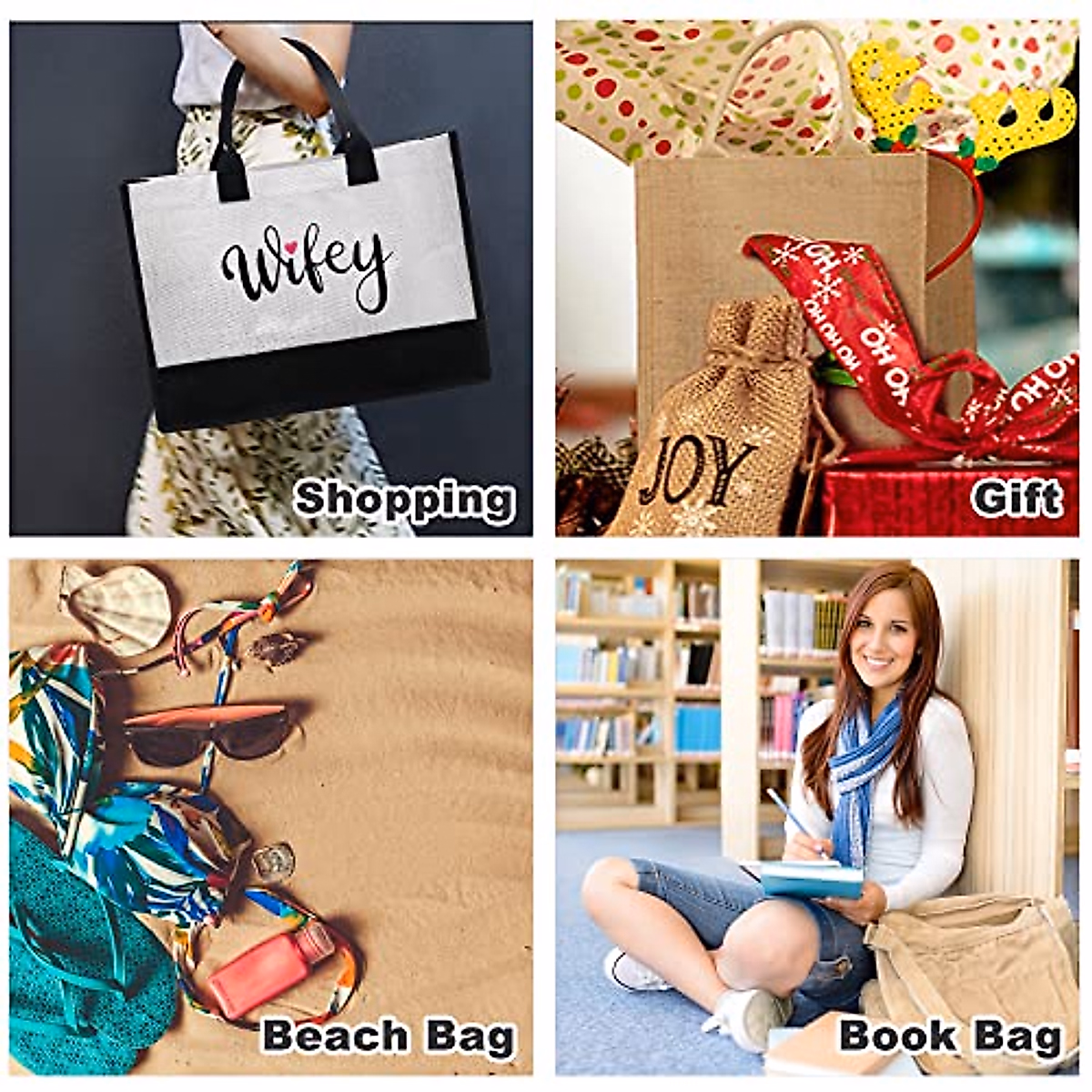 BeeGreen Wifey Jute Beach Bag w Inner Zipper Pocket White Burlap Tote Bag Laminated Interior Large Wedding Gifts Embroidery Monogram Bridesmaid Gift for Engagement Honeymoon Bridal Shower Gift