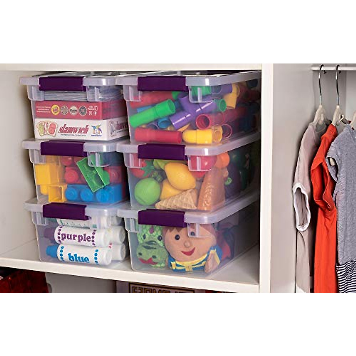 Peaknip - Sterilite 6 Quart Stackable Plastic Storage Bins with Lids and Latches (6 Pack) - Bundled with Labels and Marker