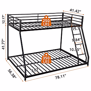 Twin Over Full Size Bunk Bed, Heavy Duty Metal Bunk Bed Frame with Inclined Ladder, Low Floor Bunk Bed for Teens Adults Dorm Bedroom Guest Room, Space Saving & Noise Free, No Box Spring Needed, Black