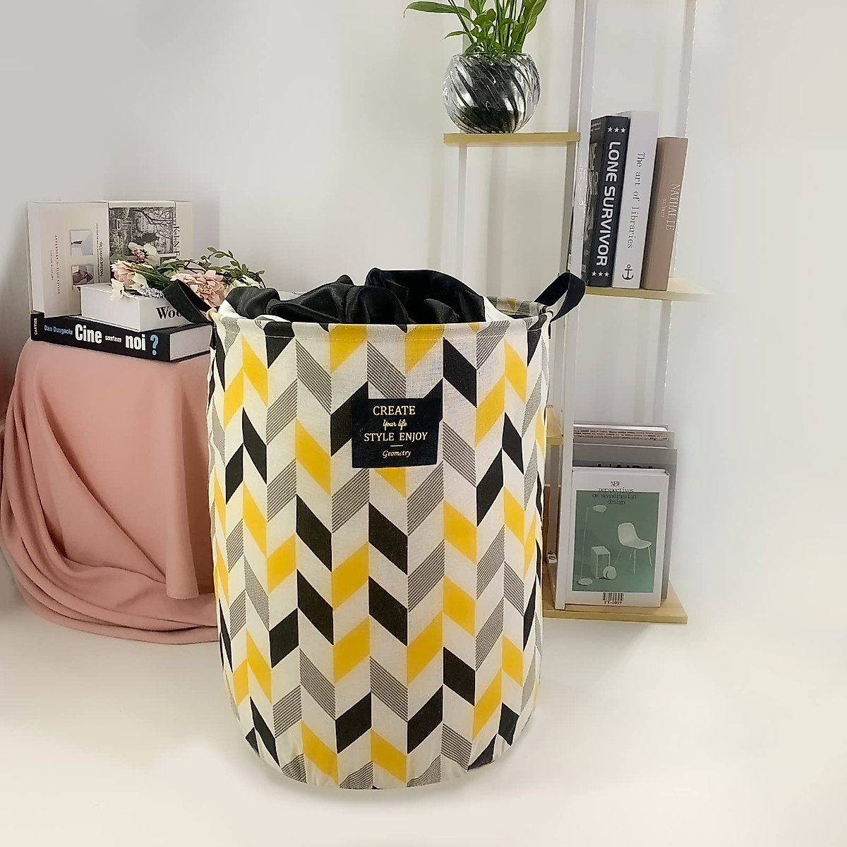 SineGux 19.7 Inches Large Laundry Basket Clothes Hamper Foldable Canvas Fabric Storage Basket Waterproof Collapsible Storage Bin with Handles for Bedroom Nursery Toys Organizer (Geometric Yellow)