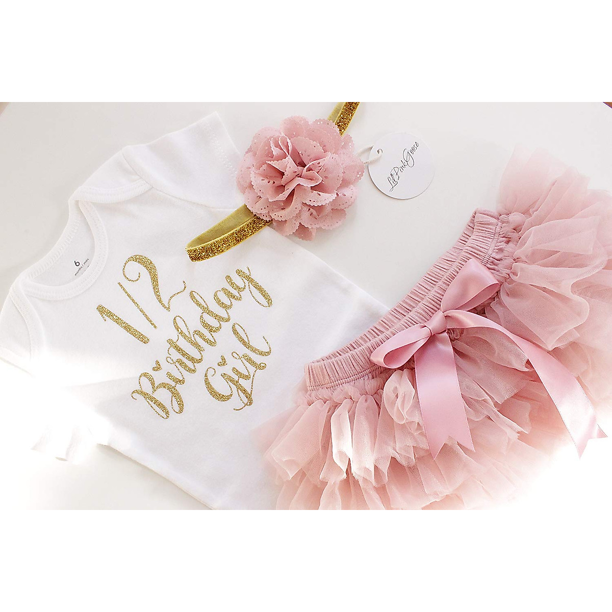 LilPinkGoose Baby Girl Half Birthday Outfit 1/2 Birthday Girl Outfits (Dusty Rose Short Sleeve, 6 Months)