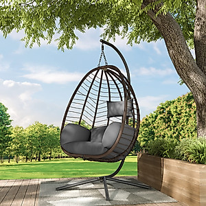 ALAULM Egg Swing Chair Outdoor Indoor Wicker Rattan Hanging Chair with Stand 350lbs Capacity w/Strong Frame & Grey Cushions for Patio Balcony Bedroom