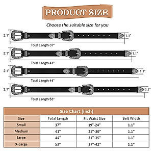 WHIPPY Vintage Western Leather Belt for Women Double Buckle Retro Cowgirl Waist Belts for Jeans Pants and Dresses Black Silver Tone M