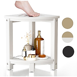 Ciokea Corner Shower Stool for Inside Shower, HDPE Waterproof Shower Bench Seat, Sturdy Bath Shower Foot Stool for Shaving Legs with Storage Shelf, White