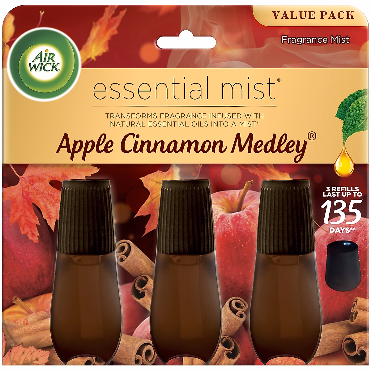 Air Wick Essential Mist Refill, 3 ct, Apple Cinnamon Medley, Essential Oils Diffuser, Air Freshener, Fall scent, Fall decor