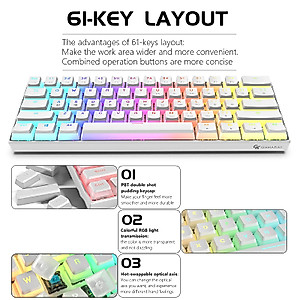 GK GAMAKAY MK61 RGB Pudding Keyboard, 61 Keys Gateron Optical Switch PBT Pudding Keycaps, Hot Swappable Backlit Ultra-Compact Wired Gaming Keyboard for Windows Mac PC Gamers (Brown Switch, White)