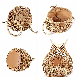 Ayliss Women Mini Clutch Tote Handbag Top-handle Bucket Drawstring Handbag Summer Beach Woven Handmade Fishing Net Bag Pouch Purse (Light Khaki, Mini)