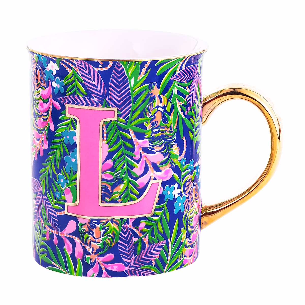 Lilly Pulitzer Initial Ceramic Coffee Mug, 14 Oz Tea Cup, Cute Mug with Gold Handle and Gift Box, L (How You Like Me Prowl)
