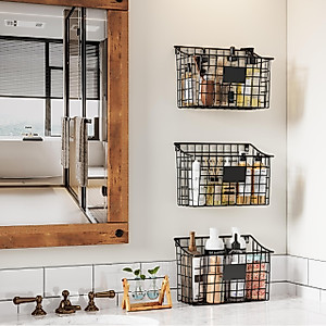 Wall Mounted Bin Basket with 5 Hooks 3 Label Plate Adhesive-3 Pack, Cabinet Hanging Metal Wire Basket,Rustic Farmhouse Decor, Storage Organization Shelf for Pantry Kitchen Bathroom 10.6*7.5*5.1inch