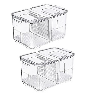 Slideep Food Storage Containers Fridge Produce Saver, Stackable Refrigerator Organizer Keeper Foldable lid with Removable Drain Tray for Produce, Fruits, Vegetables 2800 ml - 2 Pack