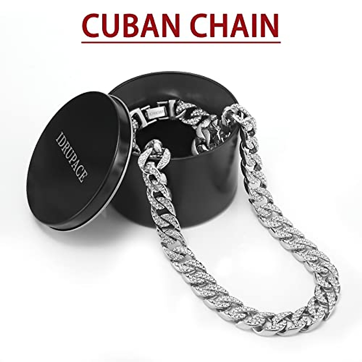 IDRUPACE Miami Mens Cuban Link Chain Silver Gold Plated Bling Cuban Necklace Diamond Chain for Men 13MM iced out chain Hip Hop Jewelry (Silver Chain+Elves Pendant, 18.0 Inches)