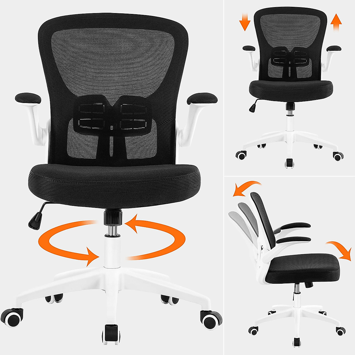 Yaheetech Ergonomic Office Chair, Swivel Task Chair with Adjustable Lumbar Support, Mid Back Mesh Computer Chair with Flip-up Armrests Padded Task Chairs, Executive Chair for Home Office White