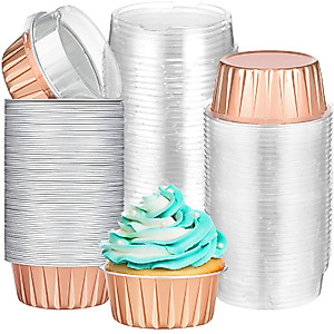 Gejoy 200 Pack Aluminum Foil Cupcake Baking Cups 5oz Rose Gold Cupcake Liners Dessert Cups with Lids Disposable Cupcake Cups Mini Cake Containers Flan Molds Tin Mini Muffin Liners for Wedding Birthday
