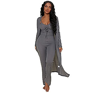 SheIn Women's Ruched Knot Bust Cami Top Long Pants Lounge Set with Long Sleeve Robe Dark Grey Large