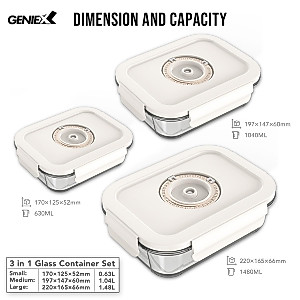 GENIEX Vacuum Containers for Food Storage, Glass Vacuum Seal Containers Set of 3, Food Saver Containers for Vacuum Seal, Easy Clean Marinade container (Rectangular-Glass-3pc | Sealer sold separately)
