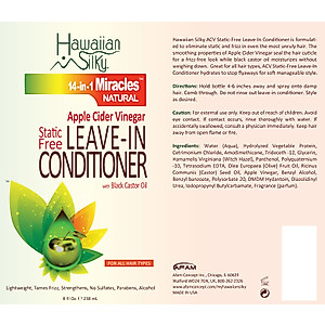 Hawaiian Silky Static-Free Apple Cider Vinegar Leave-in Conditioner, 8 fl oz - Black Castor Oil Extract for Hair Growth - Natural Treatment Men, Women & Kids - Good on Color Treated Scalp