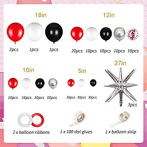 201pcs Red Black White Balloons Garland Kit, Confetti Latex Party Balloons with 27inch Big Silver Starburst foil Balloons for Birthday Graduation Racing Car Poker Card Decorations Supplies