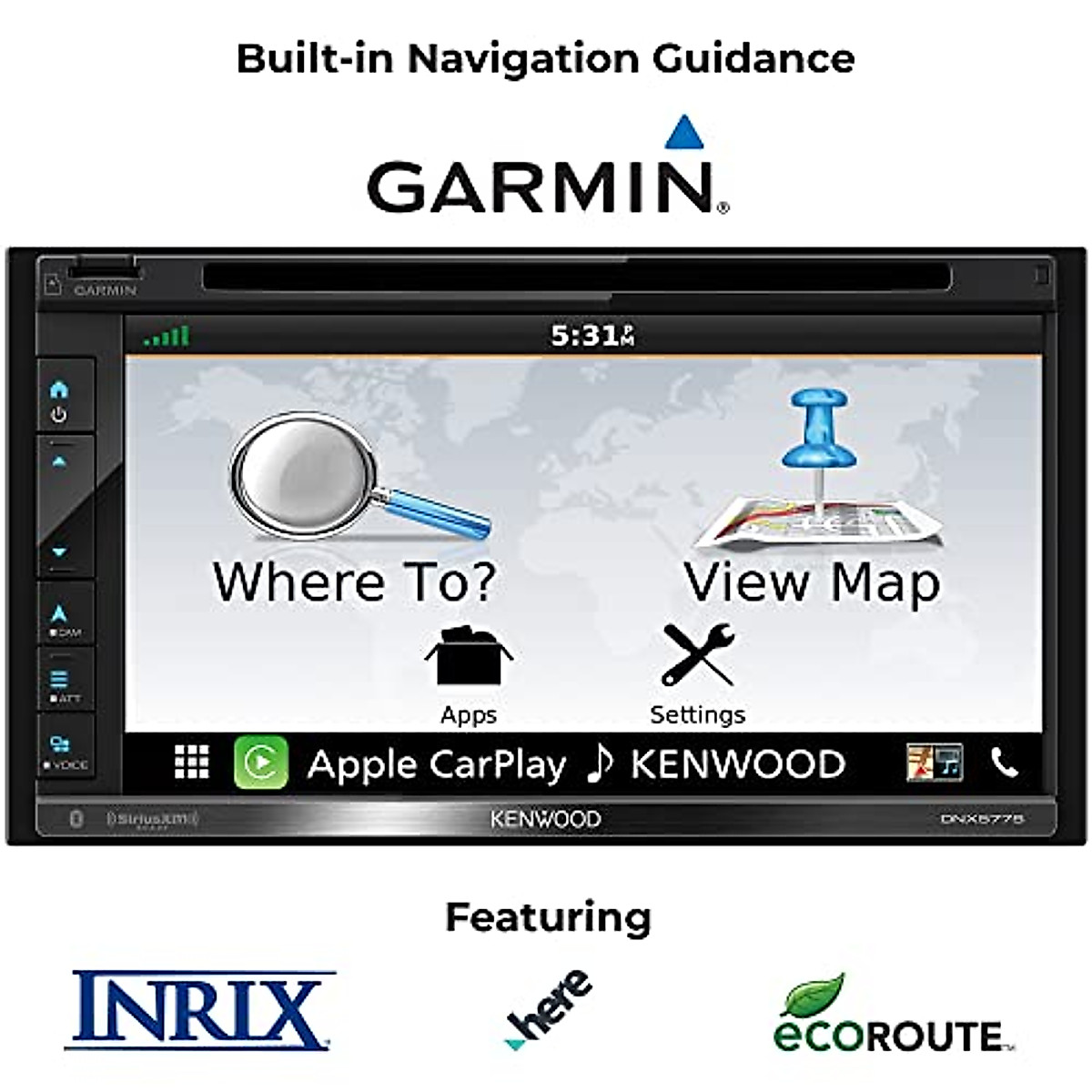 KENWOOD DNX577S 6.8" DVD Car Stereo, Garmin Navigation Built in, Inrix Traffic Service, CarPlay and Android Auto, Bluetooth, Four Camera Inputs