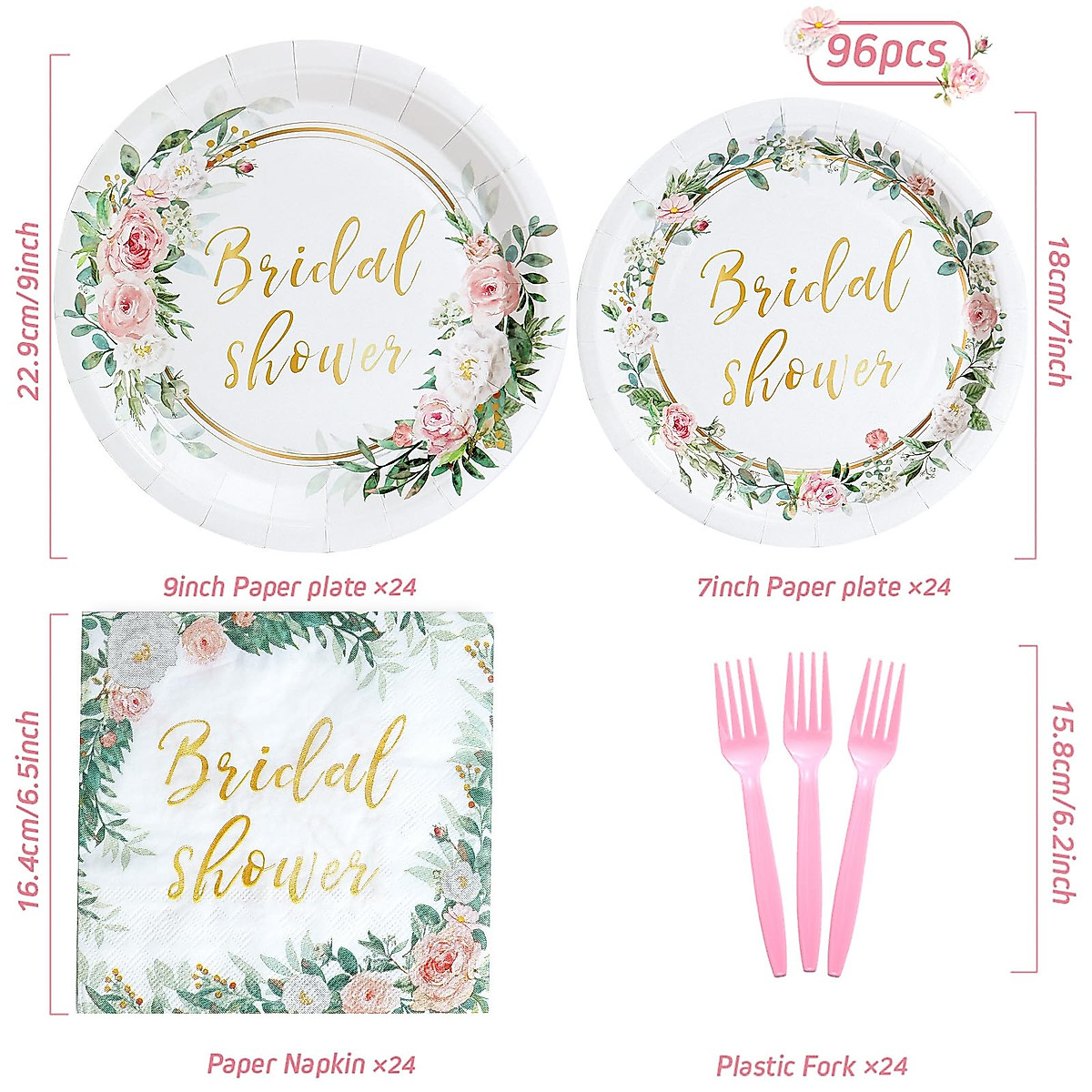 QIFU Bridal Shower Decorations Party Tableware - Pink and Gold Floral Paper Plates,Dessert Plates,Napkins and Forks Sets for 24 Guests, Celebrate the Bride-to-be Bachelorette Party Supplies