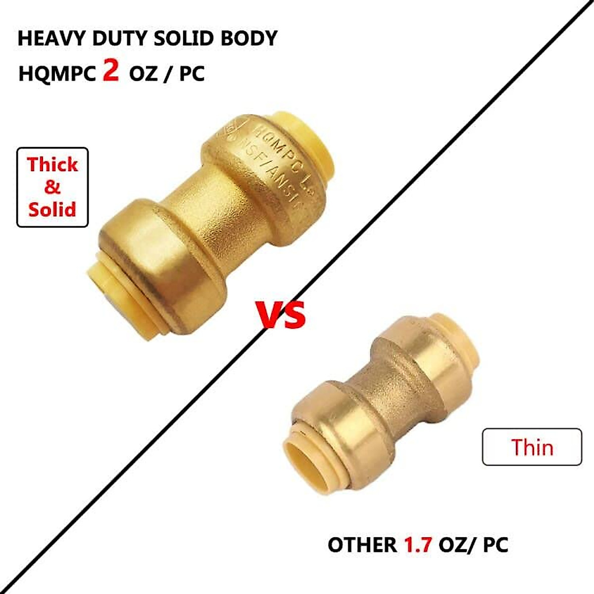 HQMPC Push Fit PEX Fittings Straight Coupling 1/2", Push-to-Connect Copper, CPVC, No Pb Brass Plumbing Fittings (2PCS 1/2 Inch(1/2"))