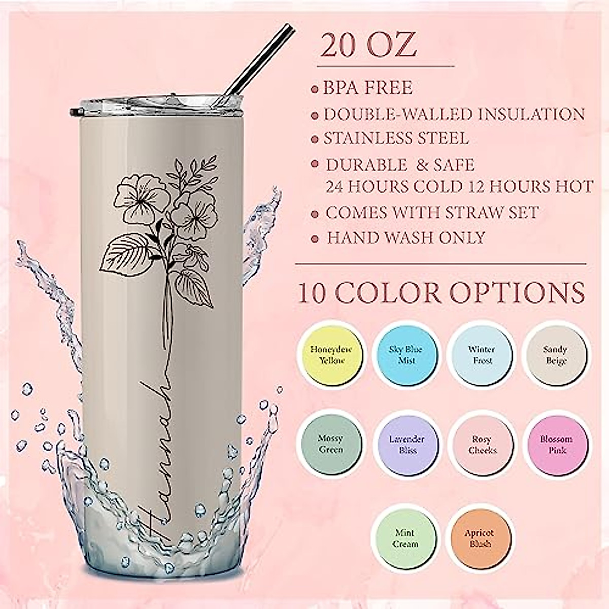 Birthday Gifts For Women, Personalized Skinny Tumblers with Birth Flower I 10 Colors - 20 Oz I Gifts for Women, BPA Free Tumbler Customized with Name