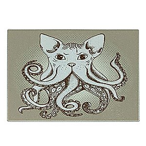 Lunarable Octopus Cutting Board, Cephalopod Cat Head Illustration Vintage Style Cartoon Cat Tentacles Print, Decorative Tempered Glass Cutting and Serving Board, Small Size, Grey White