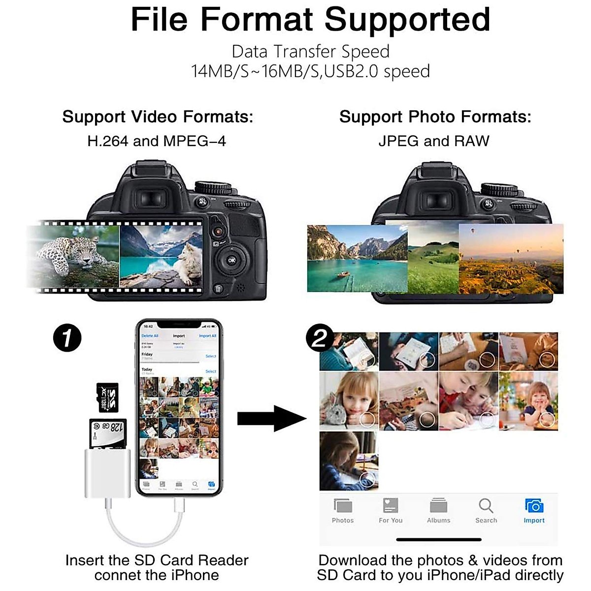 2 Pack-SD Card Reader for iPhone iPad Camera, 2 in 1 Lightning to SD & TF Card Reader Adapter Portable Micro SD Card Reader for iPhone 14/13/12/11/X/XR/8/7/iPad, No Application Required,Plug and Play
