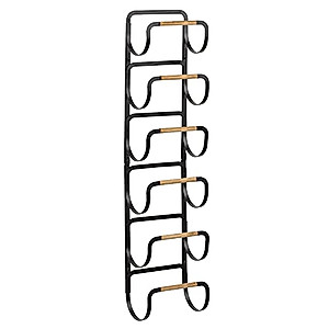 mDesign Wall Mount Towel Storage Rack for Bathroom - 6-Tier Hanging Organizer Mounted Holder Shelf for Multiple Bath Towels or Robes - Steel Metal and Wood - Yami Collection - Matte Black/Natural