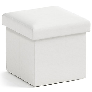 Ornavo Home Small Storage Ottoman Foldable Collapsible Cube Square Linen Ottoman Foot Rest Stool Seat, for Living Room, Bedroom, Home Office, Dorm - 12 x 12 x 12, White