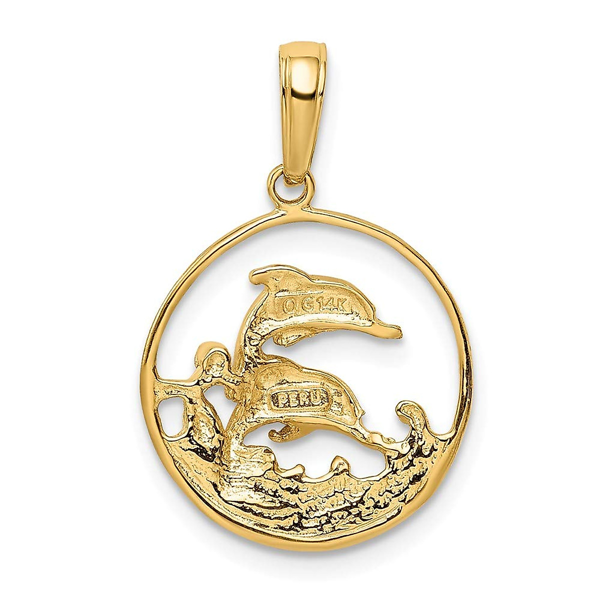 Solid 14k Yellow Gold Double Dolphin Circle Pendant Charm - 22mm x 15mm