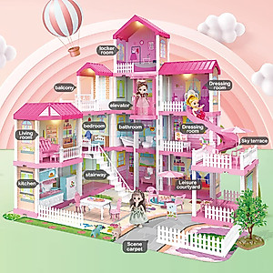 Doll House Playset with Elevator,Slide,Stairway,Lights,Furniture,Accessories,Pretend Play Dollhouse with 3 Dolls& 2 Pets,Doll House for 3 4 5 6 7 8 Year Old Kids Girls (13 Rooms)