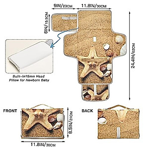 Beach Starfish Seashells Portable Baby Changing Pad Travel Diaper Changing Table Mat Foldable Waterproof Changing Station with Built-in Pillow for Girls Boys Newborn Essentials