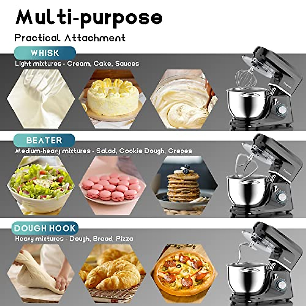 Vospeed Stand Mixer, 7 QT 660W 6+P Speed Tilt-Head Kitchen Mixer, with Stainless Steel Mixing Bowl, Beater, Dough Hook, Whisk, for Household (Black)