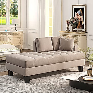 Merax 64" Modern Tufted Chaise Lounge with Toss Pillow Soft Linen Loveseat Sofa for Livingroom Bedroom Office Warm Grey Love Seats, 6431.533"(LDH)
