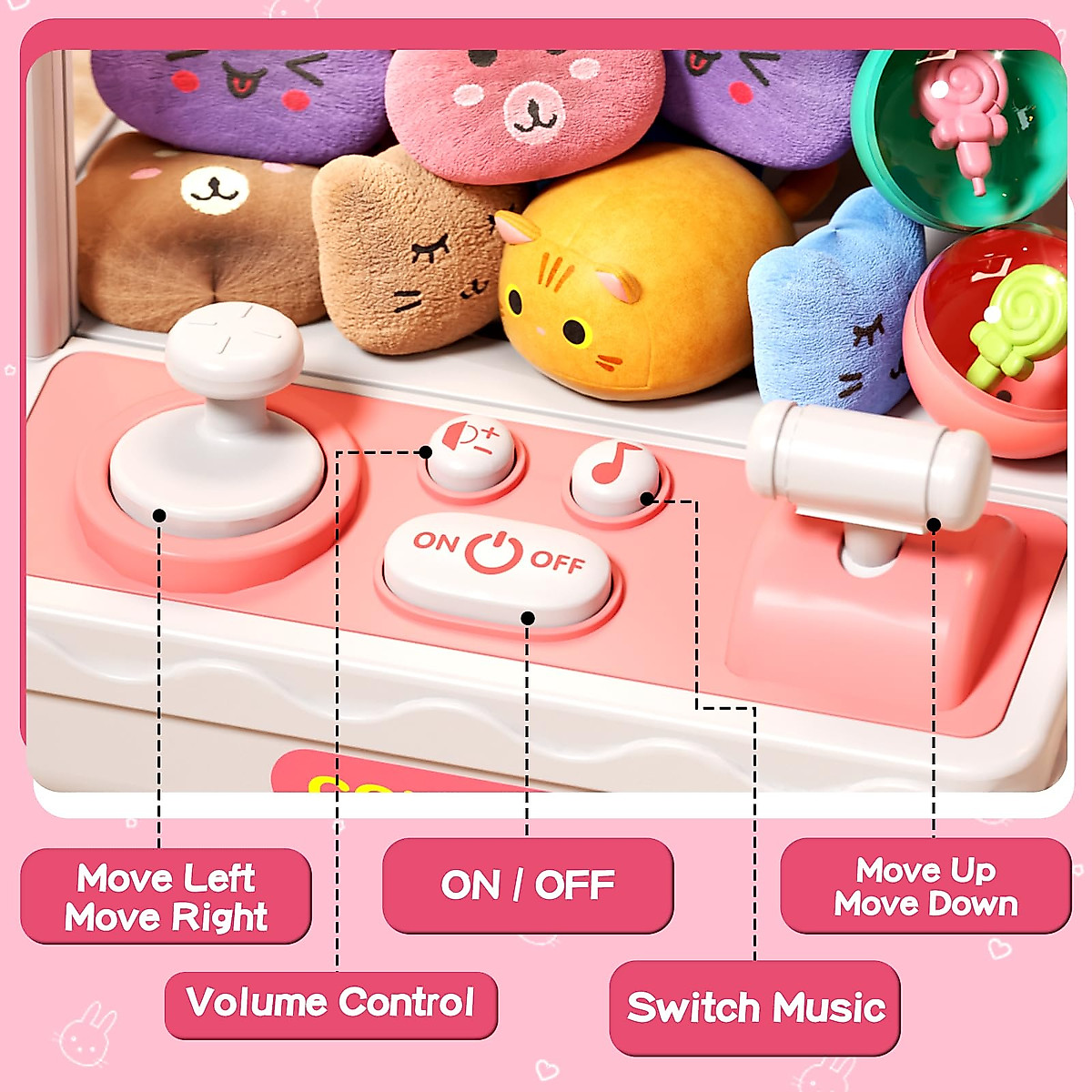 Aiqi Kids Claw Machine, Mini Candy Vending Grabber, Prize Dispenser Toys for Girls and Boys, Electronic Claw Game Machine for Party Birthdays with Lights Sound, Includes 20 Plush and 10 Mini Toys