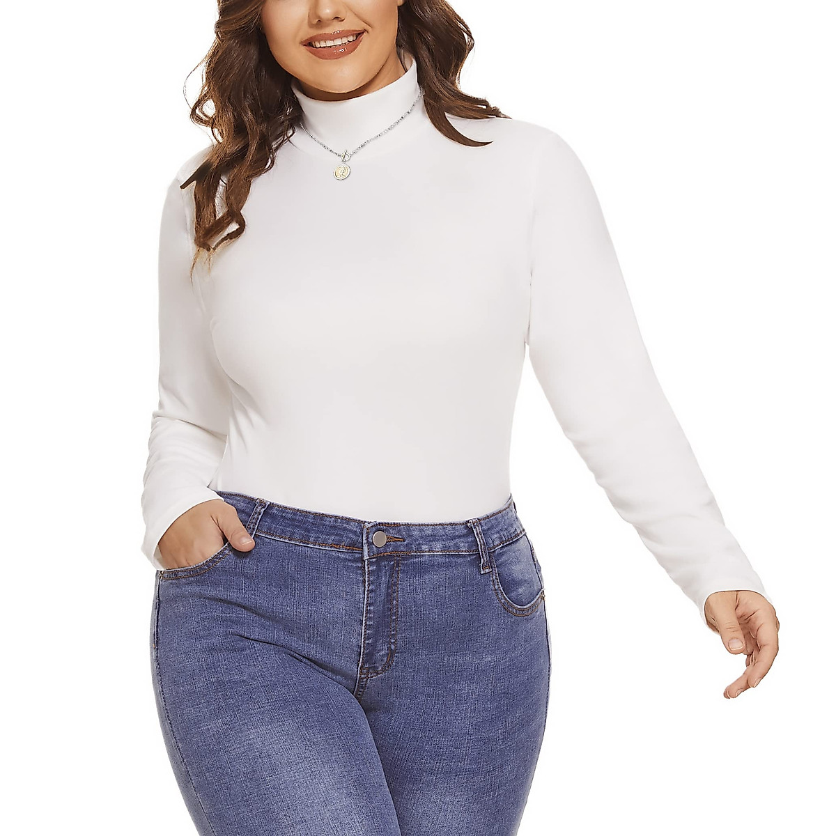 COOTRY Womens Plus Size Fleece Lined Turtleneck Mock Neck Tops Long Sleeve Thermal Shirts Base Layer White 3XL