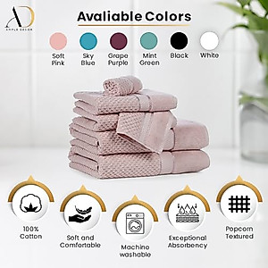 Ample Decor 100% Cotton 6 Pcs Bath Towel Set, Luxury Bath Towels for Bathroom - 2 Bath Towels, 2 Hand Towels, 2 Washcloths - Soft Pink