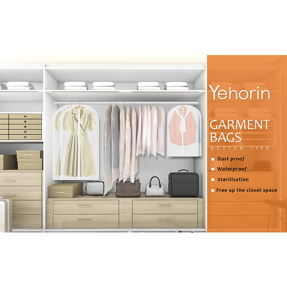 Yehorin Clear Garment Bags for Hanging Clothes, 48'' Plastic Dustproof Suit Bags Cover for Closet Storage, Zippered Garment bags Dress Cover Bags Clothes Protectors for Closet 10 Pack