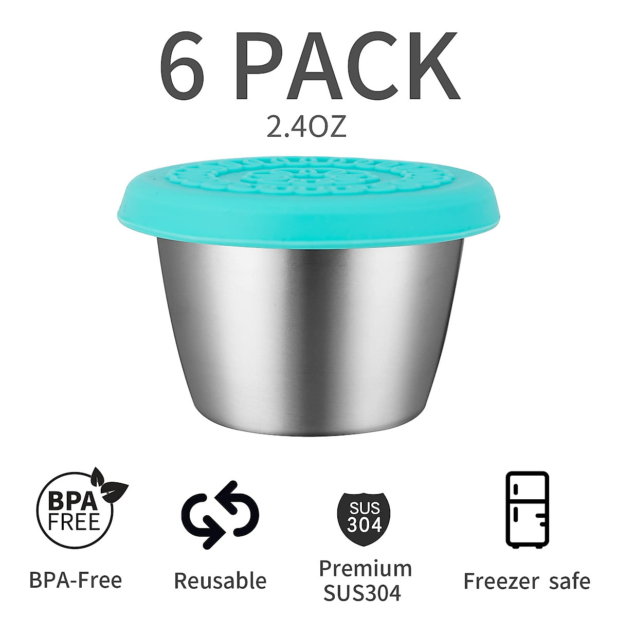 Freshmage [6 Pack 2.4oz] Stainless Steel Dressing Container with Silicone Lids, Reusable Leakproof Condiment Containers Small Sauce Container Sets