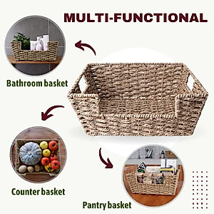 Seagrass Wicker Storage Baskets with Handles 13.8” x 11” x 5.5”, 2-Pack, Large Storage Baskets for Shelf Organizing, Rectangular Pantry Organizer Basket Bins, Chi An Home Woven Baskets for Storage…