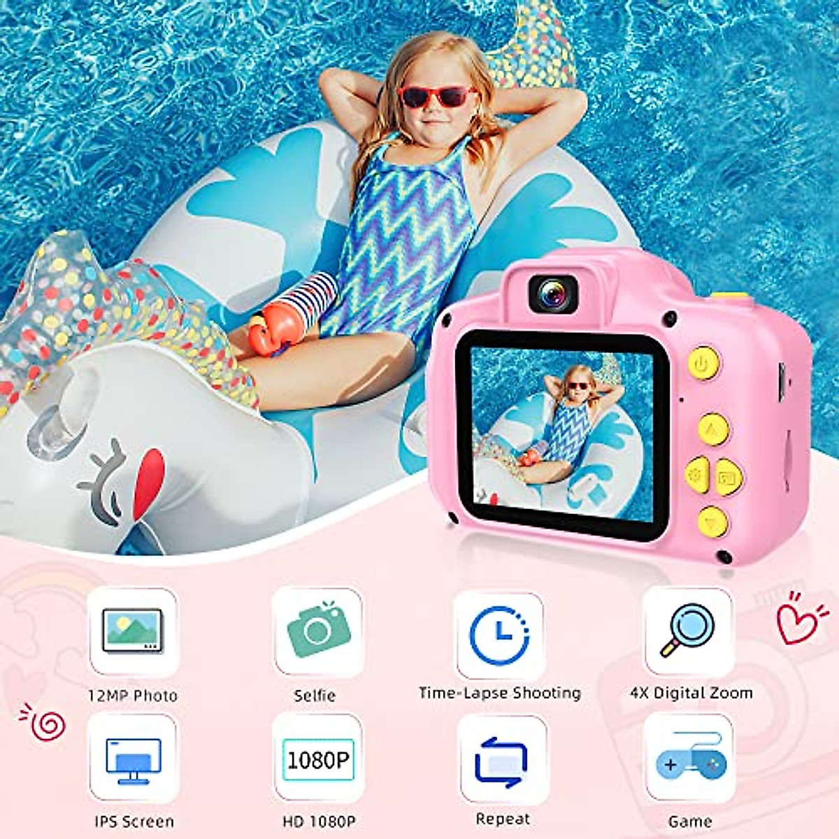 Kids Camera, Wonder Island Kids Digital Camera for Girls Age 3-12, Christmas Birthday Gifts Toys Camera for 3 4 5 6 7 8 Year Old Boy, Selfie Camera Time-Lapse Video Record with 32GB SD Card-Pink