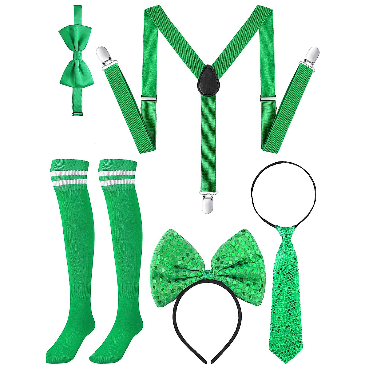 5 Pcs St Patrick' S Day Costume Accessories Set Includes Green High Socks Green Bow Headband Y Shape Suspenders Neck Tie Gree Bow Tie for Women Men St.Patrick's Day Decoration Party Supplies