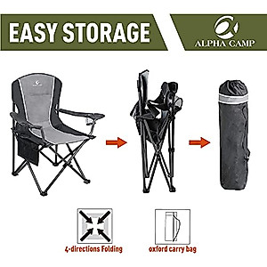 ALPHA CAMP Oversized Camping Folding Chair Heavy Duty Steel Frame Support 350 LBS Collapsible Arm Chair with Cup Holder Quad Lumbar Back Chair Portable for Outdoor/Indoor