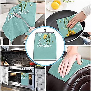 Infinidesign Sunshine You are My Sunflower Hanging Dish Towels for Kitchen Teal Green Absorbent Kitchen Hand Towels Quick Dry Towel for Bathroom Laundry Room Home Decor