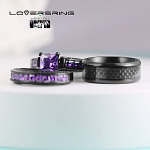 LOVERSRING His and Hers Couple Ring Bridal Set His Hers Women Black Gold Filled Square Cz Man Tungsten Carbide Wedding Ring Band Set
