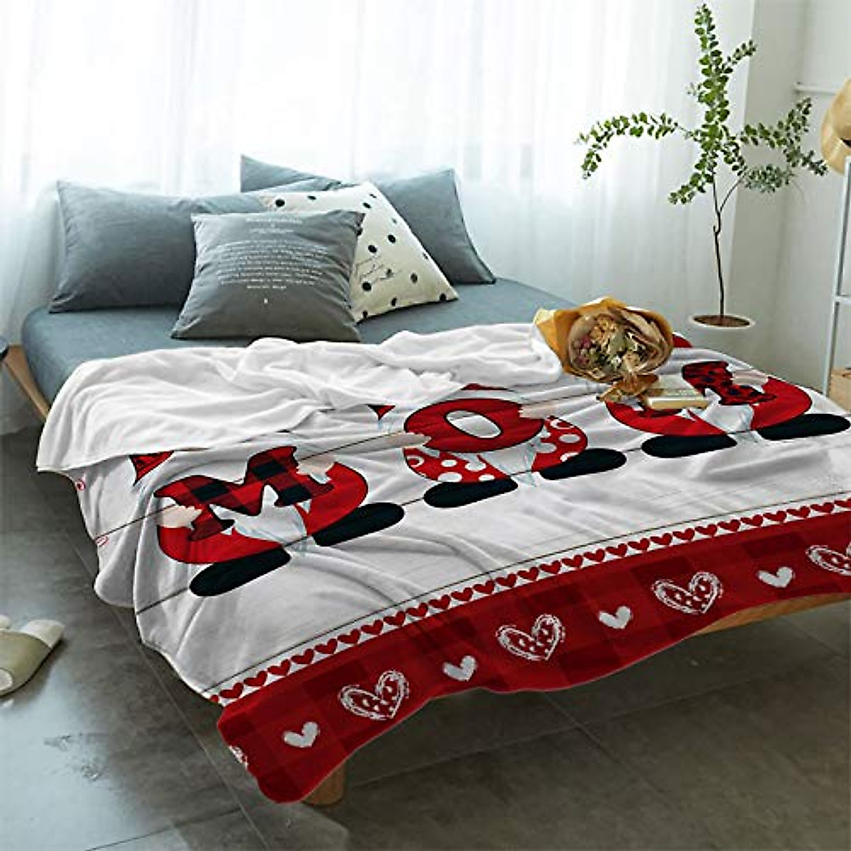 Flannel Fleece Throw Blanket Mother's Day Mom Heart Gnome 40x50 inches Reversible Soft Cozy Bed Blanket Red Check Wood Plank Microfiber Fluffy Lightweight Throw Blanket for Bed Couch Sofa Chair