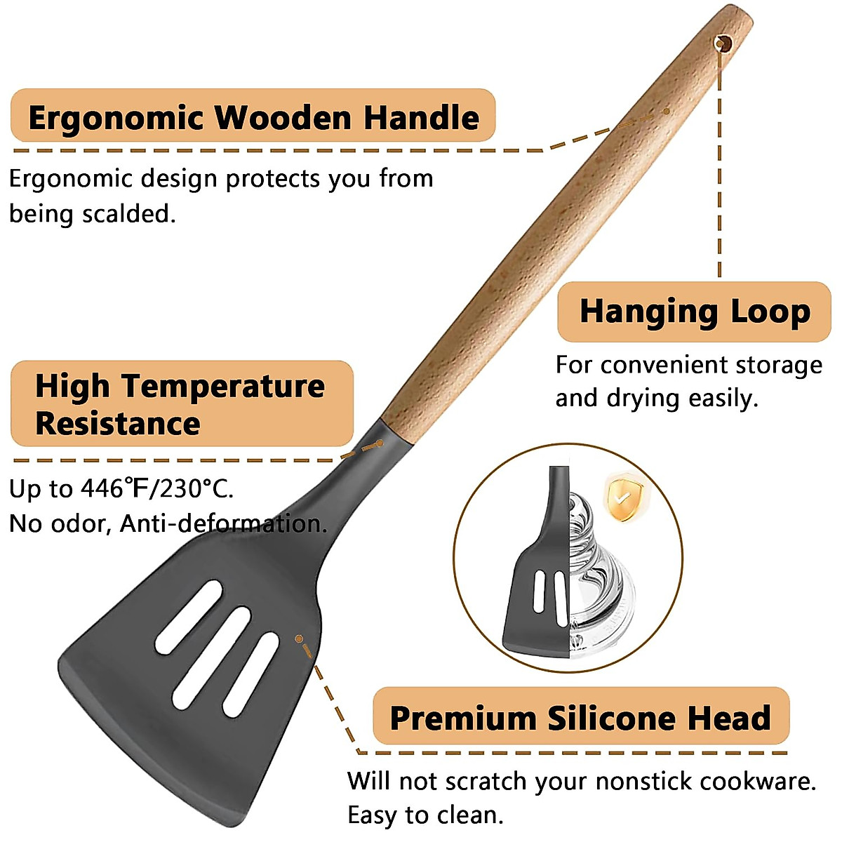 IOCBYHZ Kitchen Cooking Utensils Set, 6Pcs Silicone Cooking Kitchen Utensils Set Spatula Soup Ladle Turner Set, Heat Resistant Wooden Handle Silicone Kitchen Gadgets Utensil Set for Nonstick Cookware