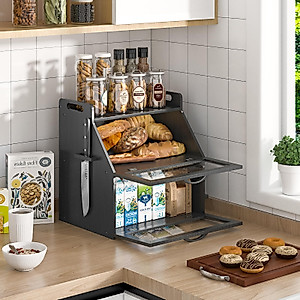 Bread Box, Bread Box for Kitchen Countertop, Large Bread Storage Container for Homemade Bread, Wooden Farmhouse Breadbox Organizers, Double Layer Bread Bin with Acrylic Window Bread Holder,Black